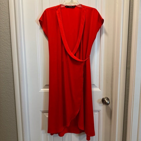 Zara | Dresses | Zara Basic Red Faux Wrap Dress Short Cap Sleeves Tie ...
